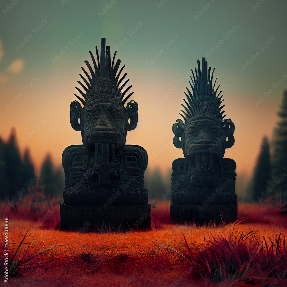 Ancient Aztec stone statues. Totemic tribal statues. Realistic stone ...