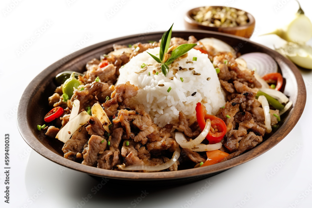 A plate of food with rice and meat. AI generative. Asian Filipino dish ...