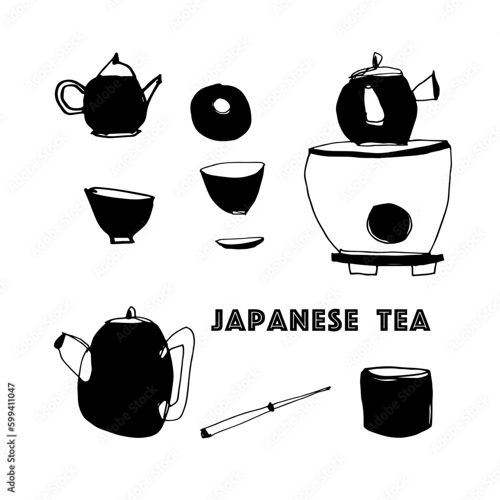 Vector set of images of utensils for the Japanese tea ceremony. Hand ...