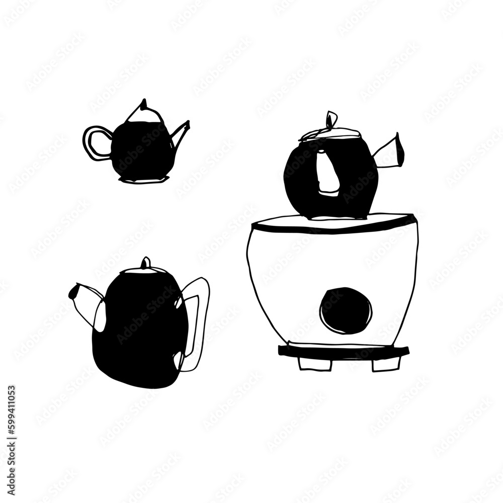 Dishes for the Japanese tea ceremony. Vector. Set of three teapots of ...