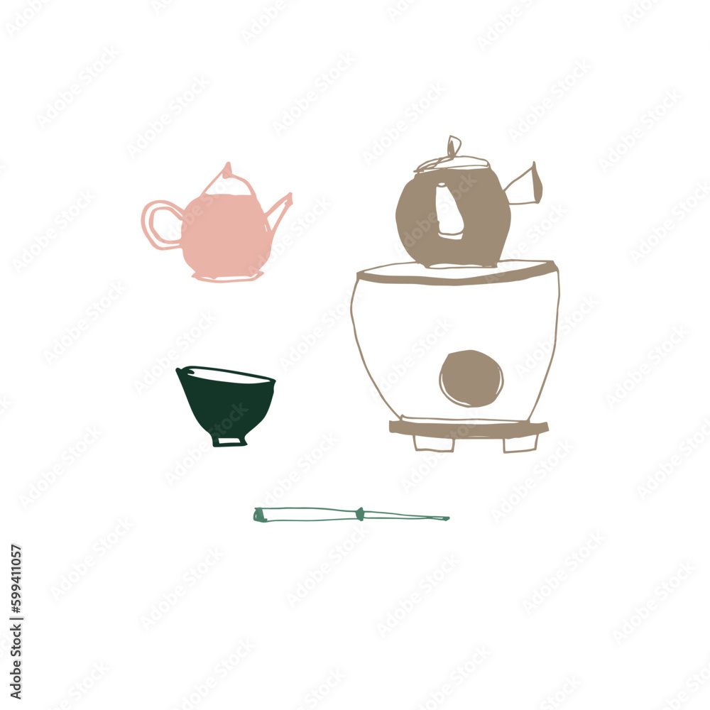 Dishes for the Japanese tea ceremony. Vector. A set of teapots and cups ...