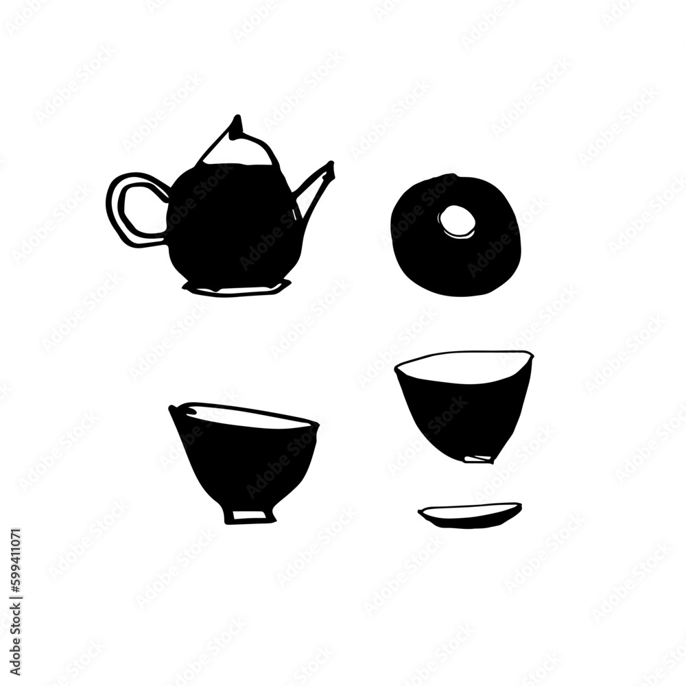 Dishes for the Japanese tea ceremony. Vector. A set of teapots and cups ...