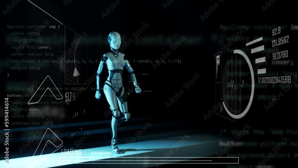 3d render animation of top view at walking female robot on shapes with ...