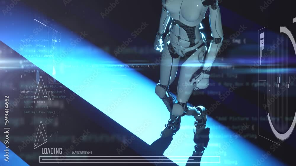 3d render animation of top view at walking female robot on shapes with ...