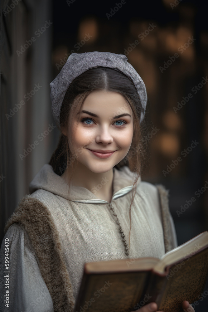 Detailed photography of a happy young girl in a vintage maid costume ...