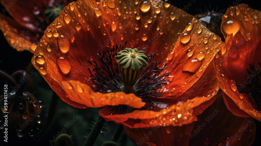 Remembrance Day, Solid California Poppys Background with Raindrops created with generative AI ...