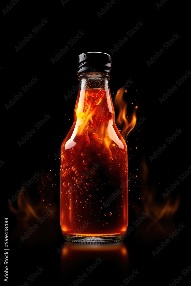 bottle of hot sauce on fire on a black background ssot in the studio at ...