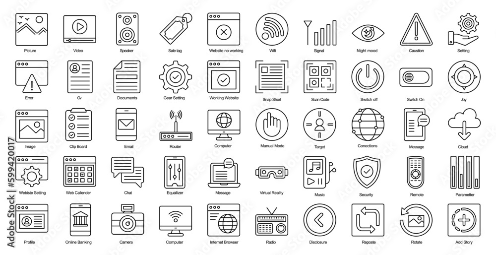 User Interface Thin Line Iconset Ui Internet Web Outline Icon Bundle In Black Stock Vector