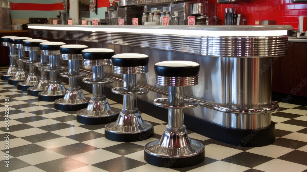 Retro diner interior, with checkered floors and red leather booths. The ...