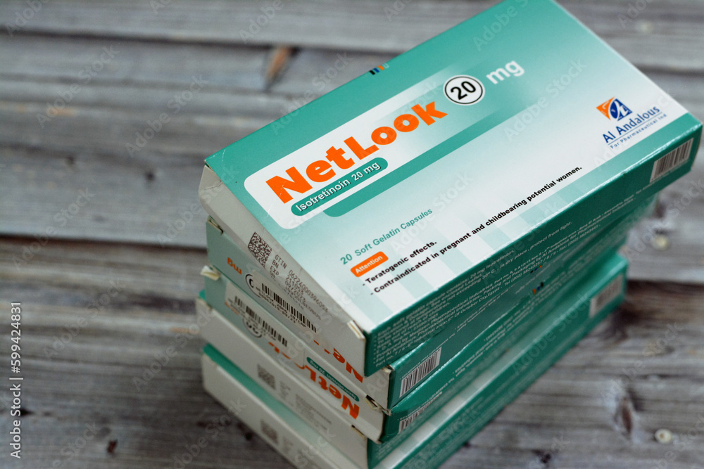 Cairo, Egypt, May 2 2023: NetLook soft gelatin capsules, Isotretinoin ...