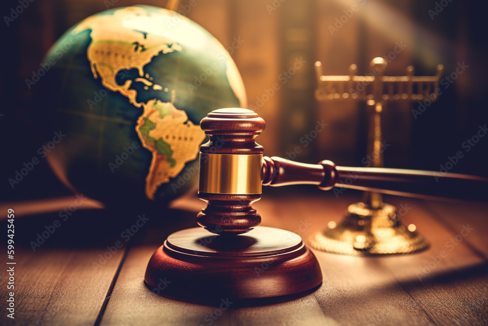 world map planet earth globe and wooden judge gavel. Generative AI ...