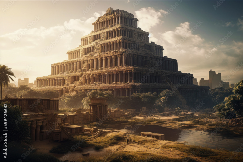 Ancient city of Babylon with the tower of Babel, bible and religion. AI ...