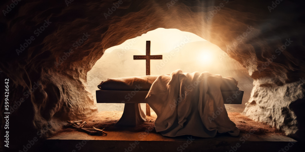 Tomb Empty With Shroud And Crucifixion At Sunrise. Resurrection Of ...