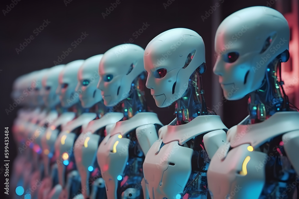 Robots stand in line. Neural network AI generated art Stock ...