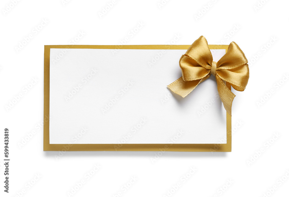 Blank gift card with golden bow isolated on white, top view Stock Photo ...