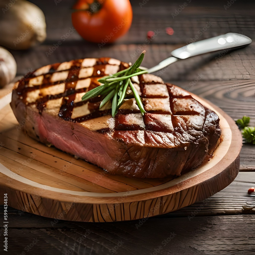 cooked steak, its surface seared to a beautiful golden-brown. The steak ...