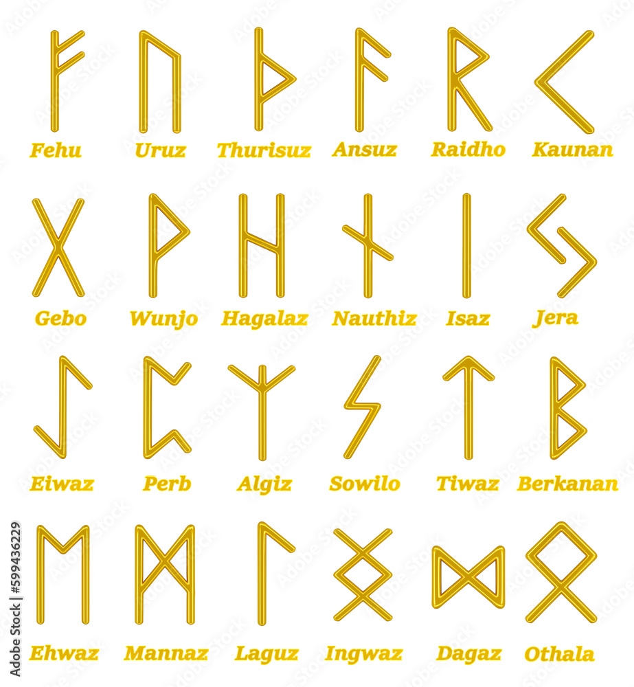 3d render 24 gold runes symbol isolated on white background with ...