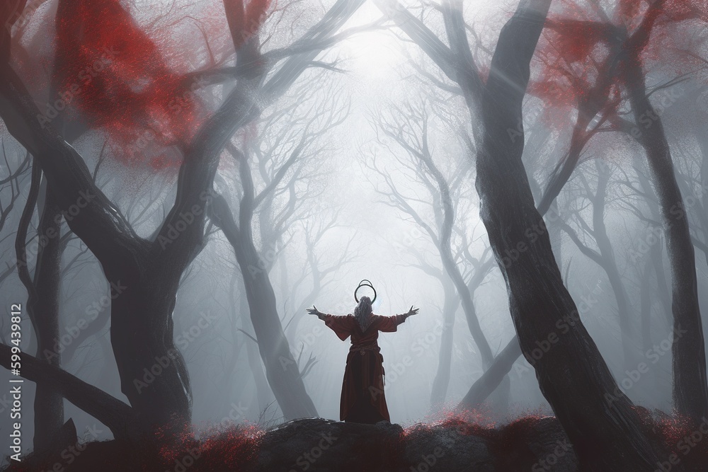 A mystical druid casting a spell in a sacred grove of trees, with the ...