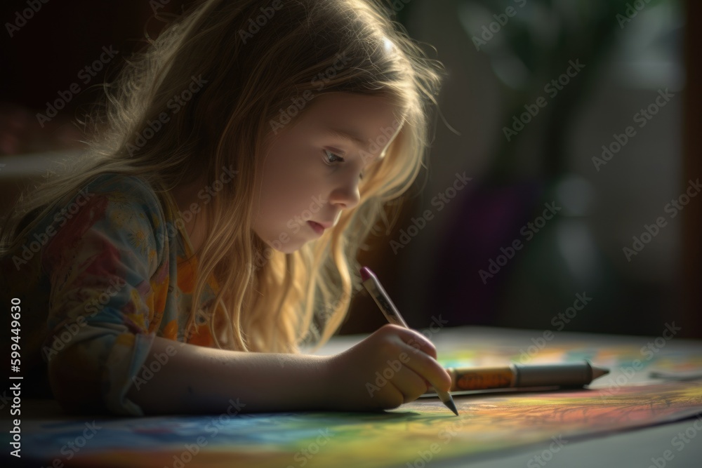 Female Caucasian child drawing in art room artist draw. Generative AI ...
