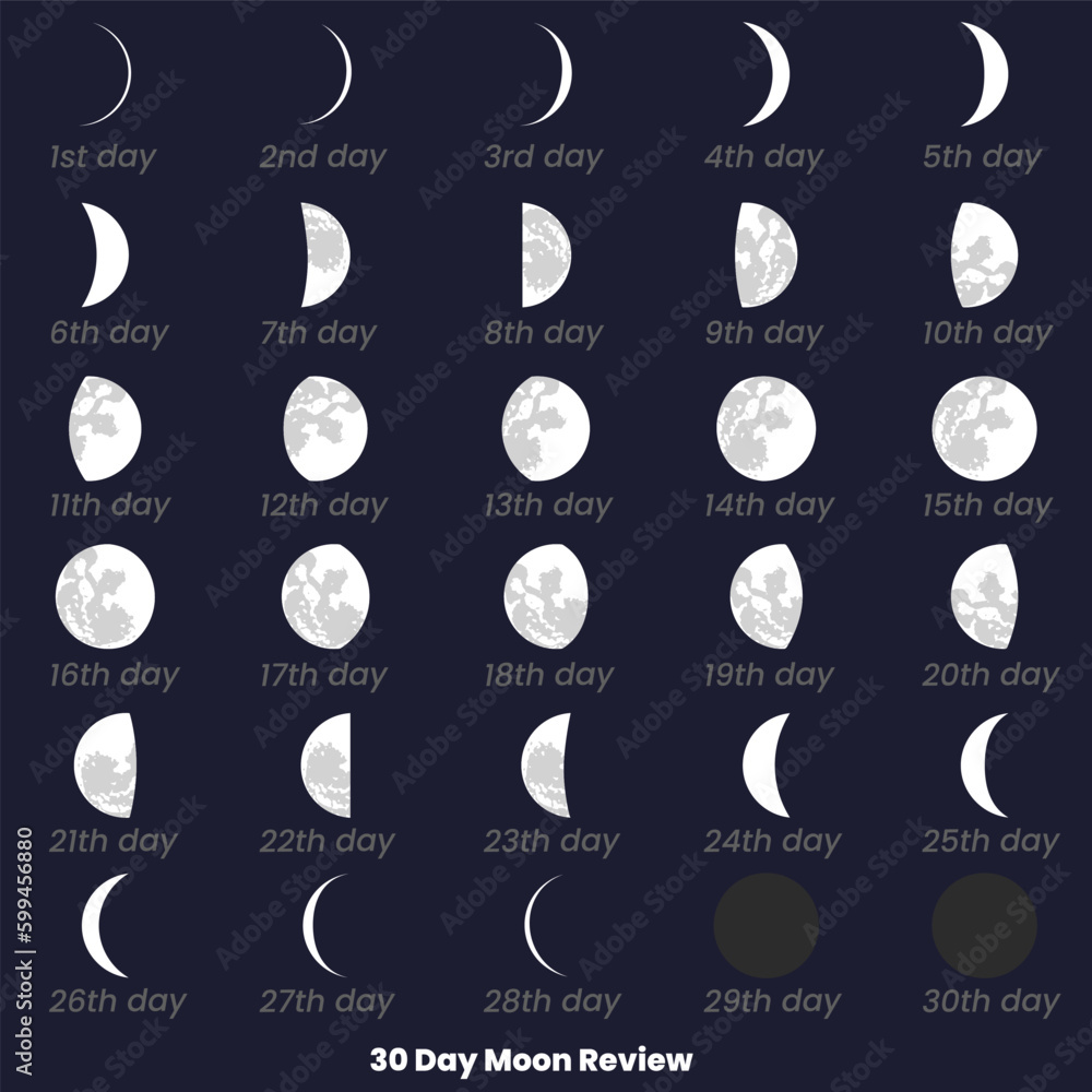 A chart of the moon review with the date of the month. 30 Day Moon Set ...