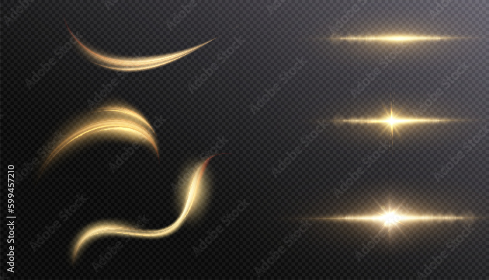 Set of light effects golden glowing light isolated on transparent ...