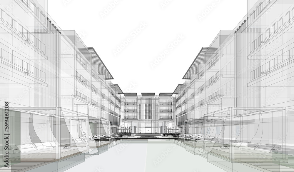 Architecture background. Perspective 3d Wireframe of building design ...