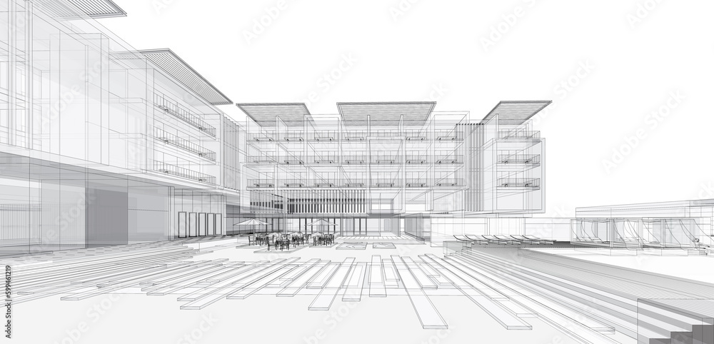 Architecture background. Perspective 3d Wireframe of building design ...
