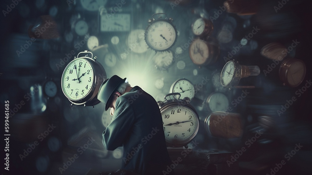 An elder is weeping while surrounded by various types of clocks ...