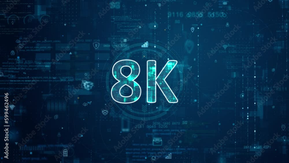 Motion graphic of Blue digital 8K letter logo and futuristic circle HUD ...