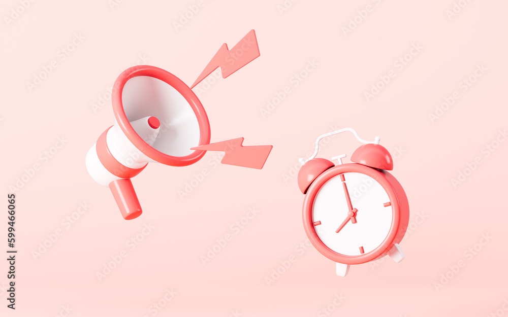 Cartoon loudspeaker and clock in the pink background, 3d rendering ...