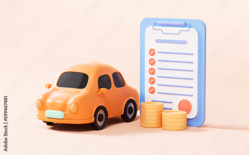 Cartoon car and contract on the yellow background, 3d rendering. Stock ...