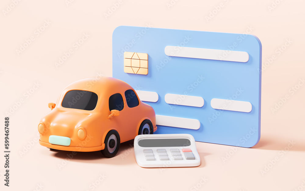 Cartoon car and bank card on the yellow background, 3d rendering. Stock ...