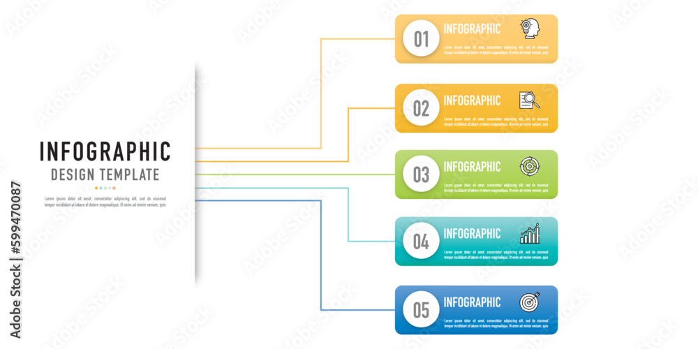 Rectangular mind map infographic template or element with 5 step, process, option, bullet ...