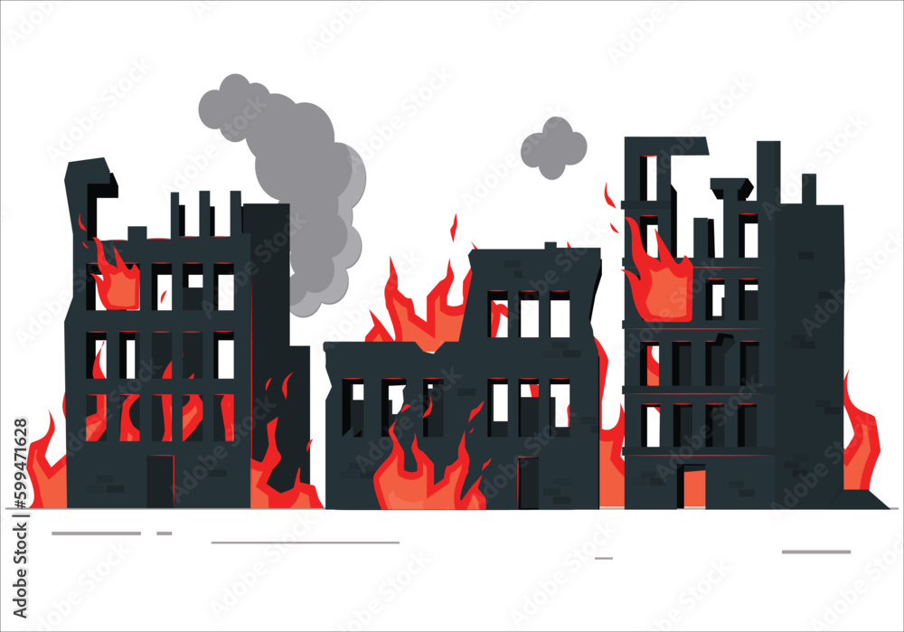 Destroyed City on Fire vector. Fire in burning buildings. Nuclear ...