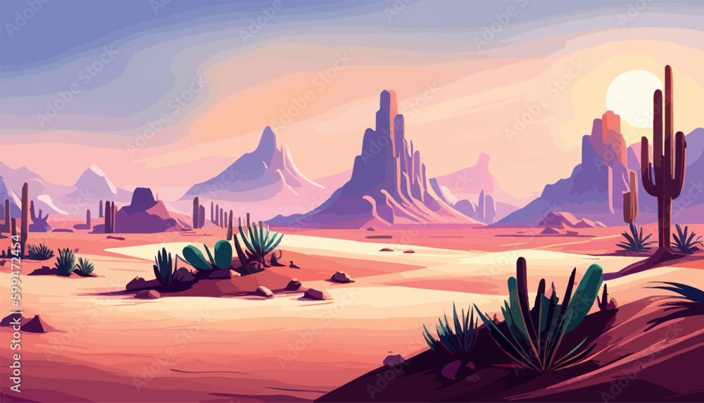 Desert background Summer with sun, sand, clouds, palms Trees Vector ...