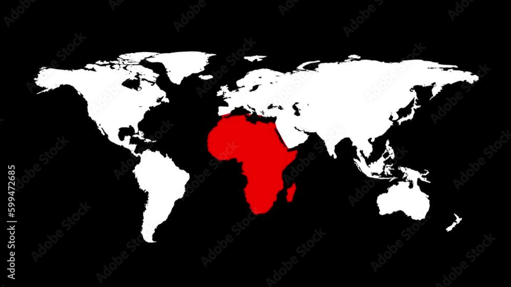 World map animation with red Africa. Appearance all continents into a whole world map on black ...