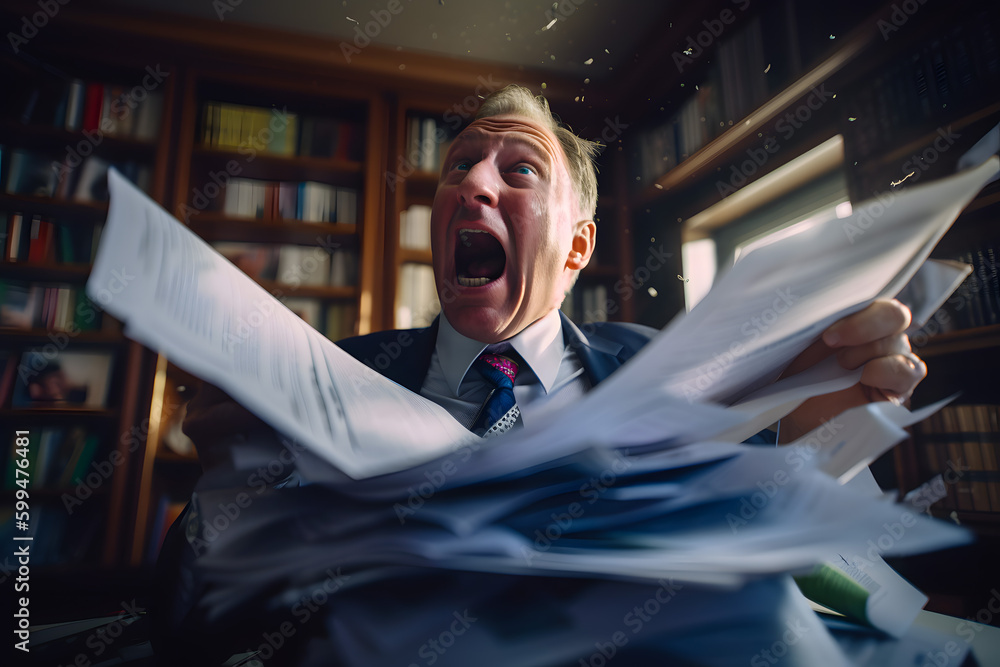 Businessman is drowning in a pile of documents and asking for help ...