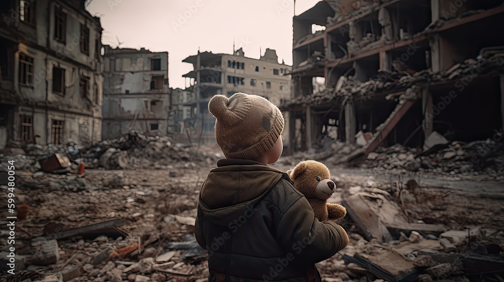 Sad child with teddy bear in the ruins of a destroyed building Stock ...