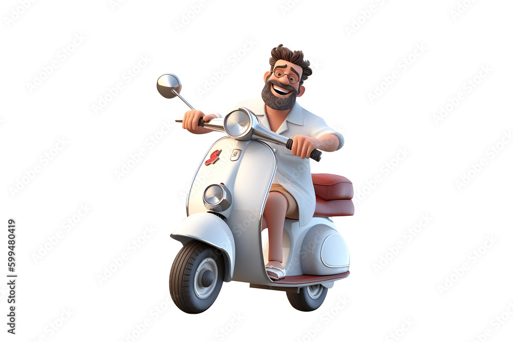 3D cartoon character cute man riding vintage scooter, full body person ...