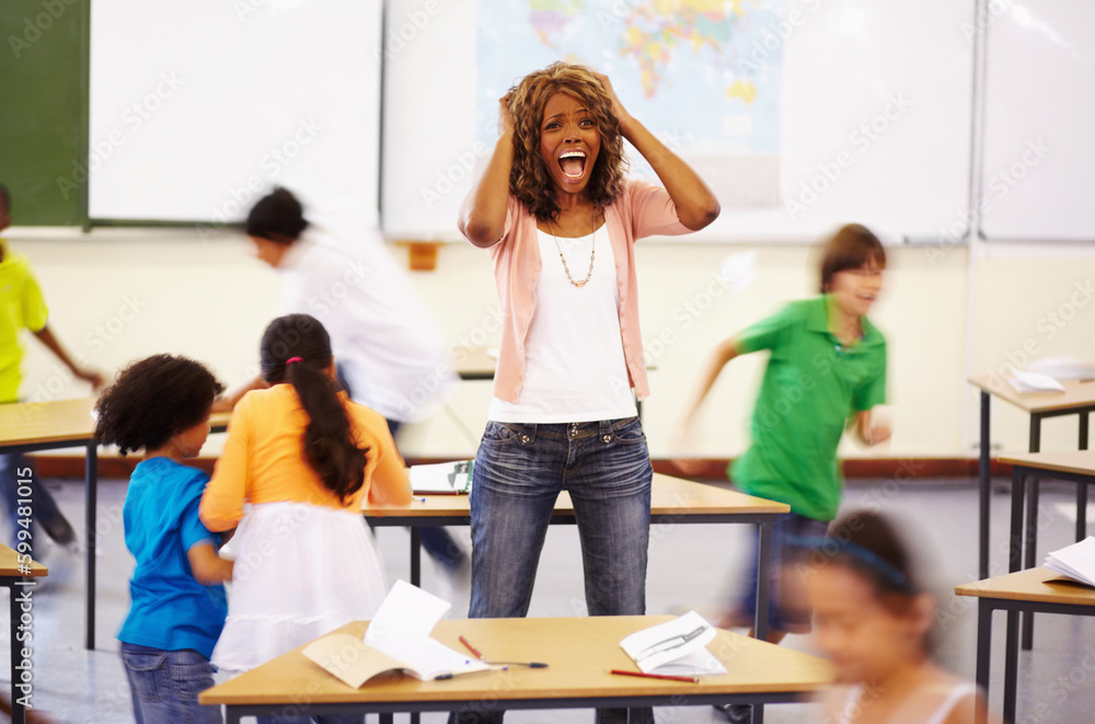 Stress, teacher screaming and black woman in classroom with children ...