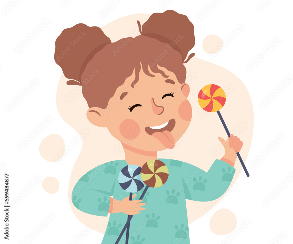 Cute little girl eating chocolate lollipops. Happy kid eating tasty ...