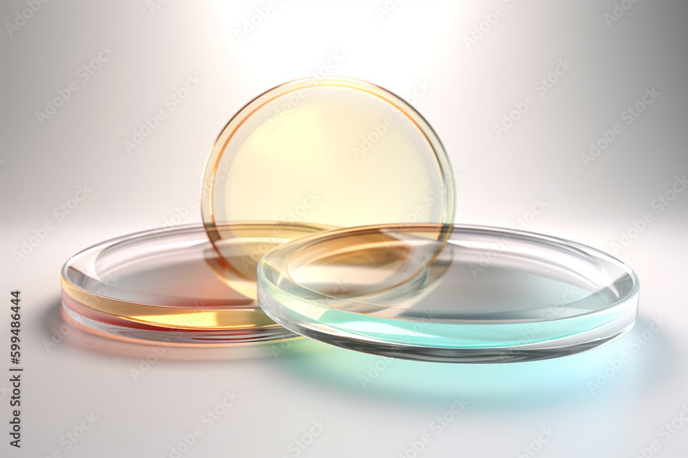 Various colorful transparent glass plates with light diffraction of ...