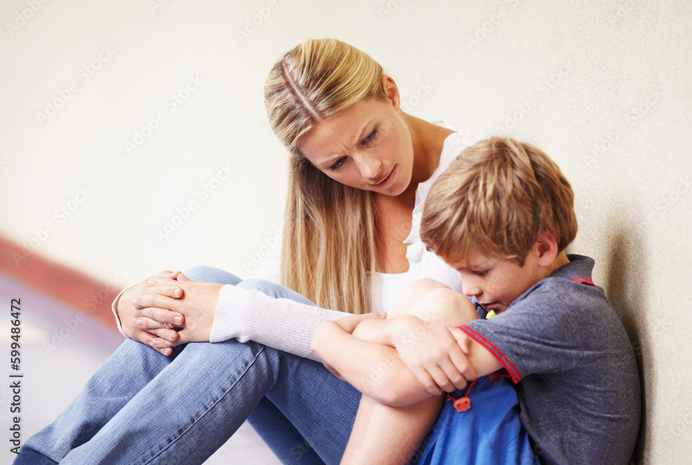 Teacher, sad student and talking at school for support, trust or ...