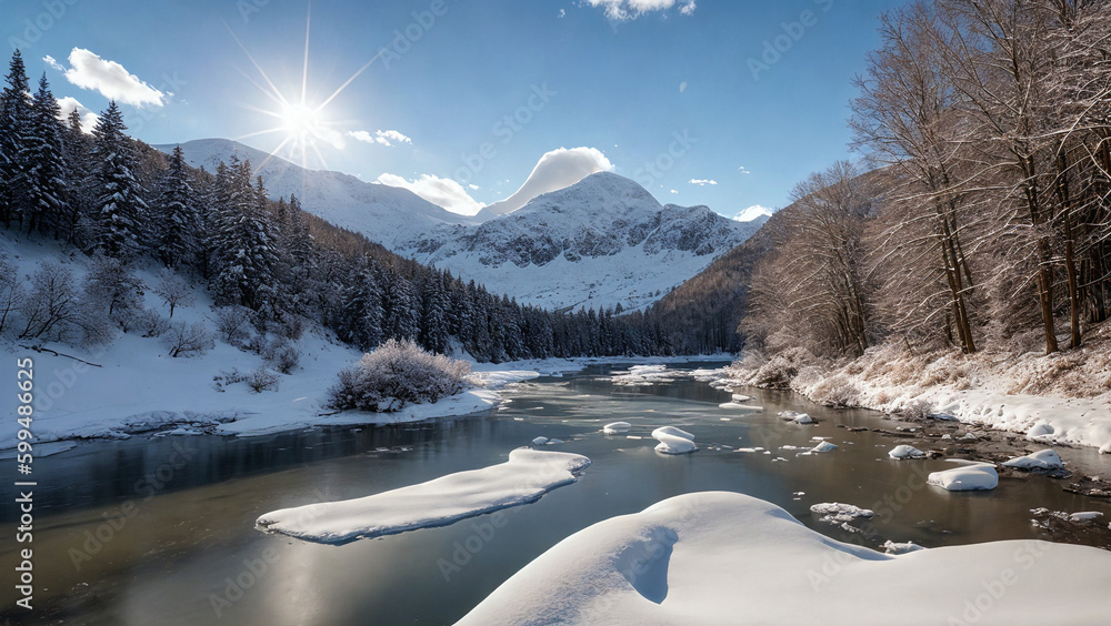 beautiful view of a winter landscape with white snow river trees on ...