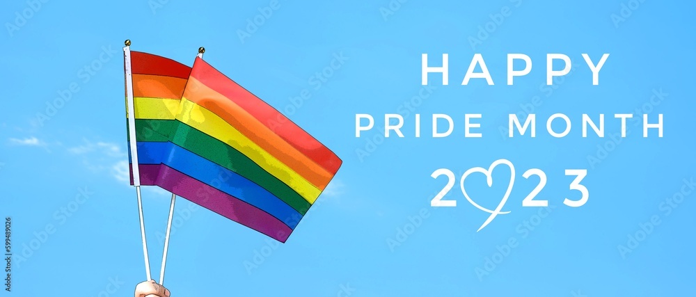'Happy Pride Month 2023' on blurred rainbow flag raising background ...