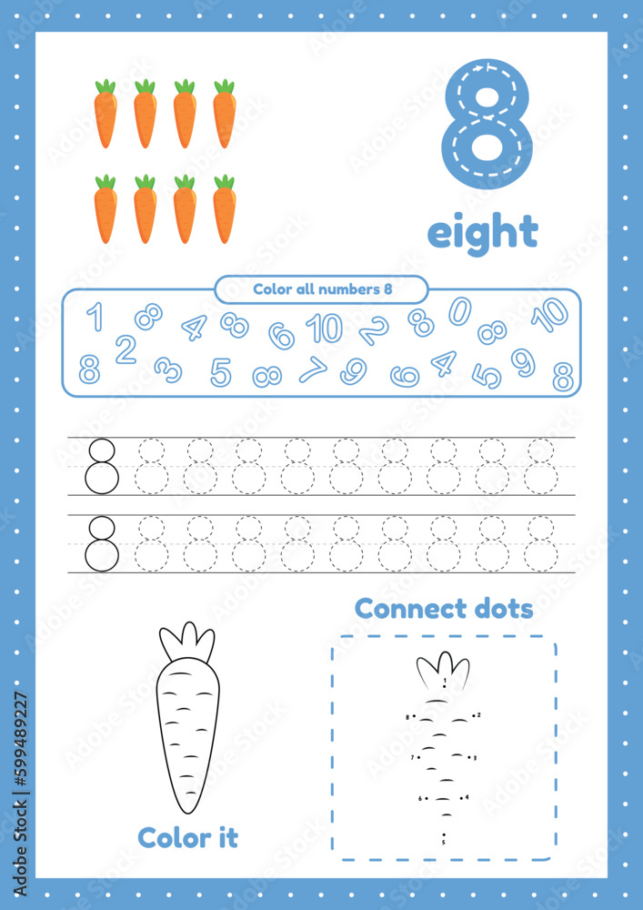 Learning numbers. Number 8. Trace, color, dot to dot on one page Stock ...