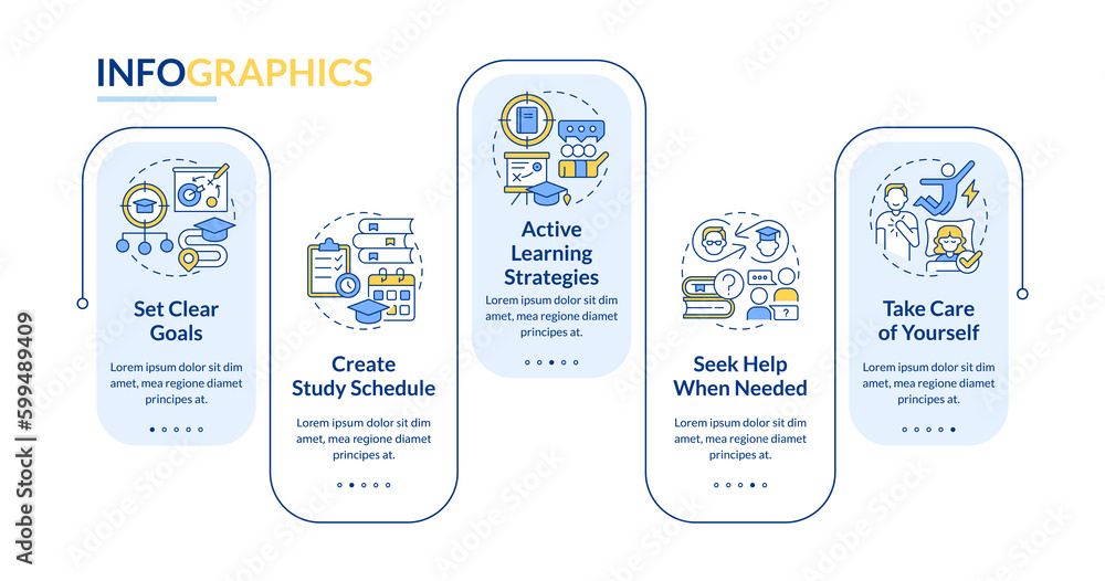 Improve academic performance rectangle infographic template. Data visualization with 5 steps ...