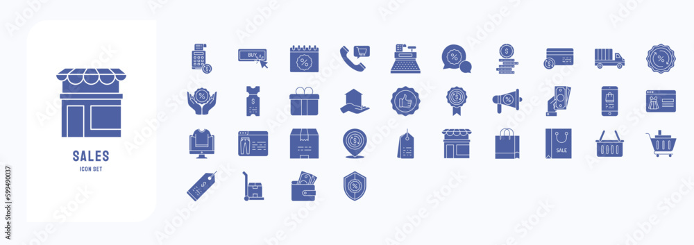 A collection sheet of solid icons for Sales and marketing, including ...