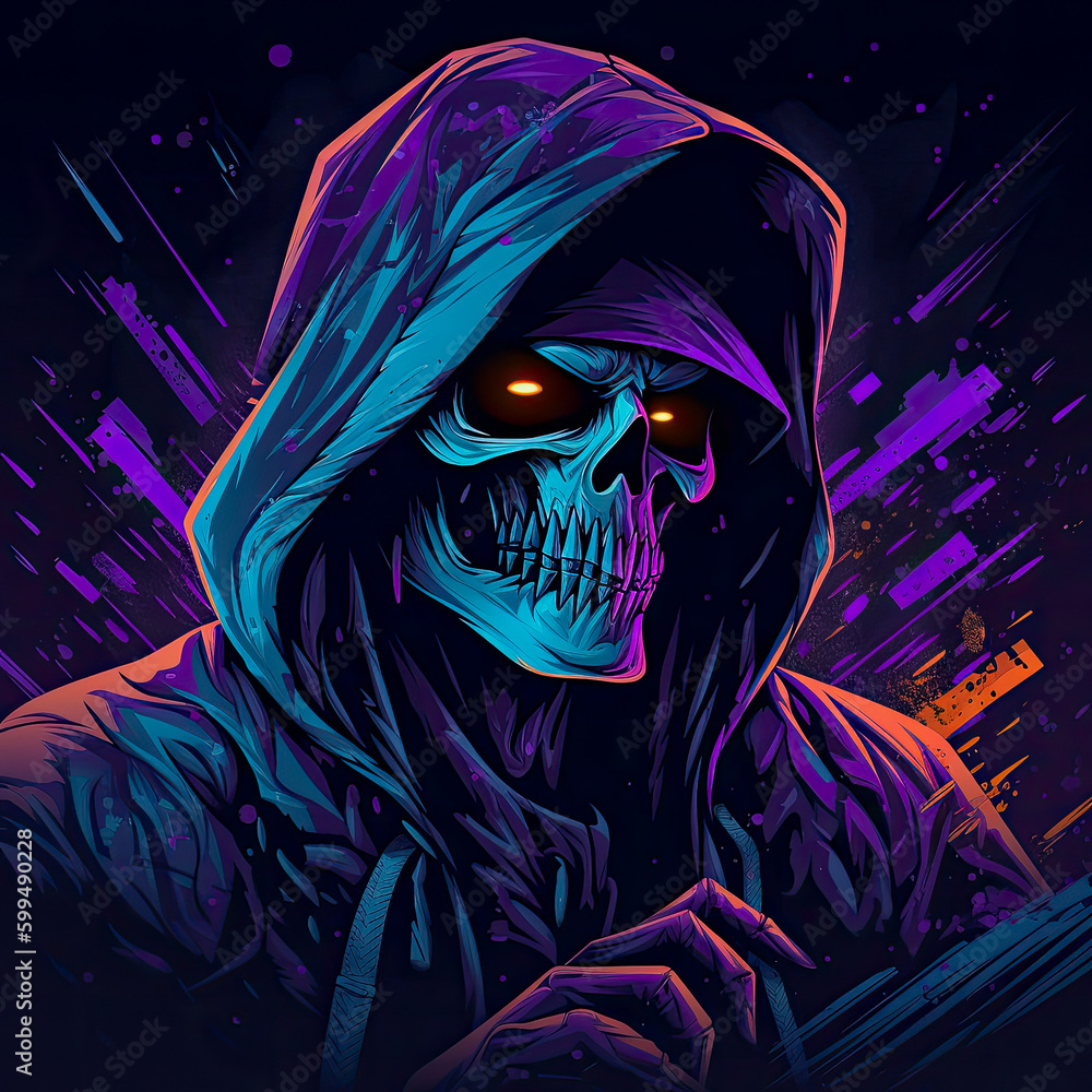 Gothic Skull Vibrant Vision Skull and Reaper in Hood streetwear style ...