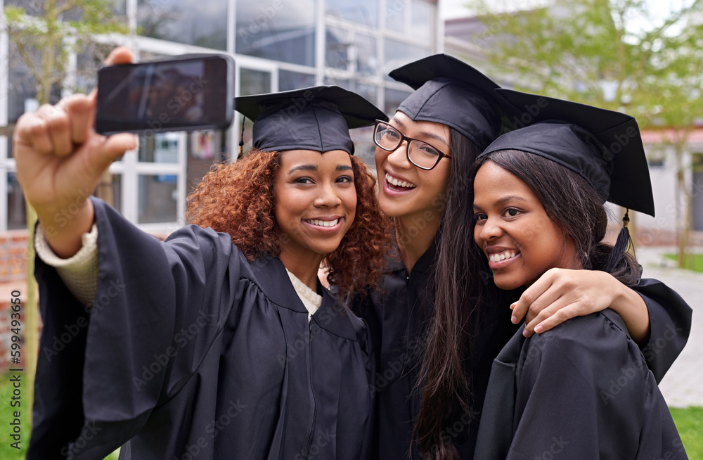 Education, women celebrating graduation with selfie and group at the ...